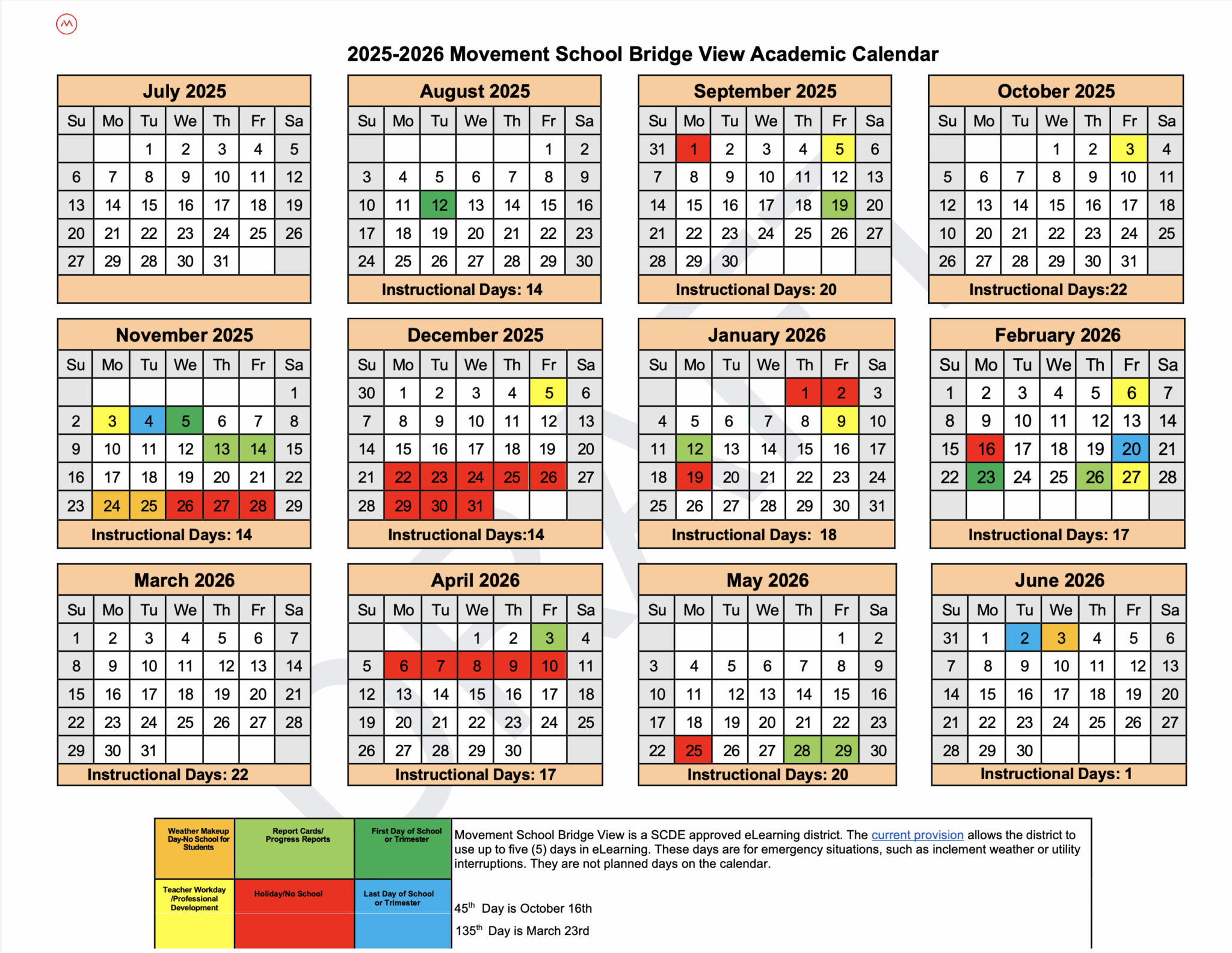 2025-2026 Calendar South Carolina | Movement School